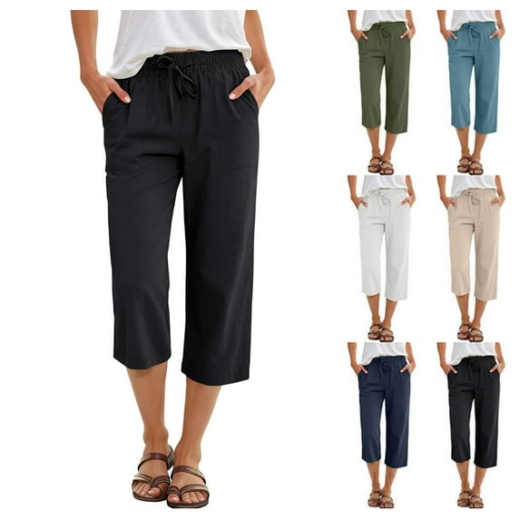 Capris Pants for Women Cotton Linen Casual Summer 2025 Straight Wide ...