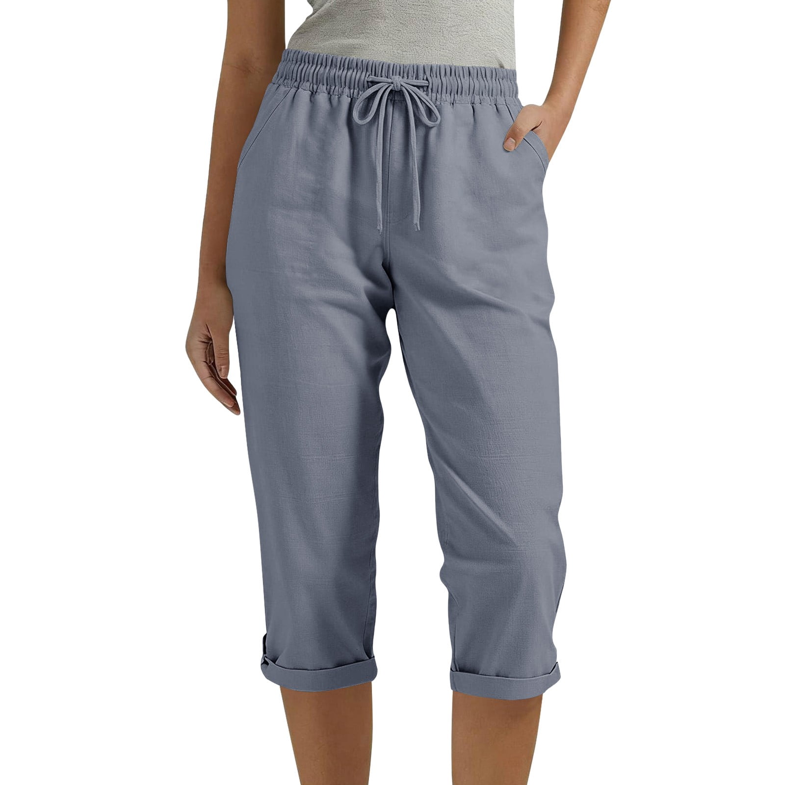 Capris Pants for Women Cotton Linen Summer Cropped Pant Elastic Waist ...