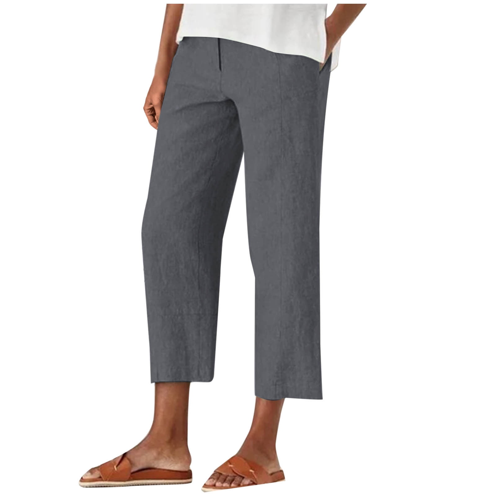 Capris Pants for Women Cotton Linen Summer Trendy Solid Color Straig ...