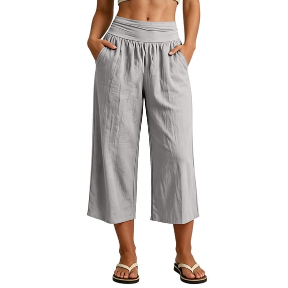 Capris Pants for Women High Waisted Wide Leg Linen Pants with Pockets ...