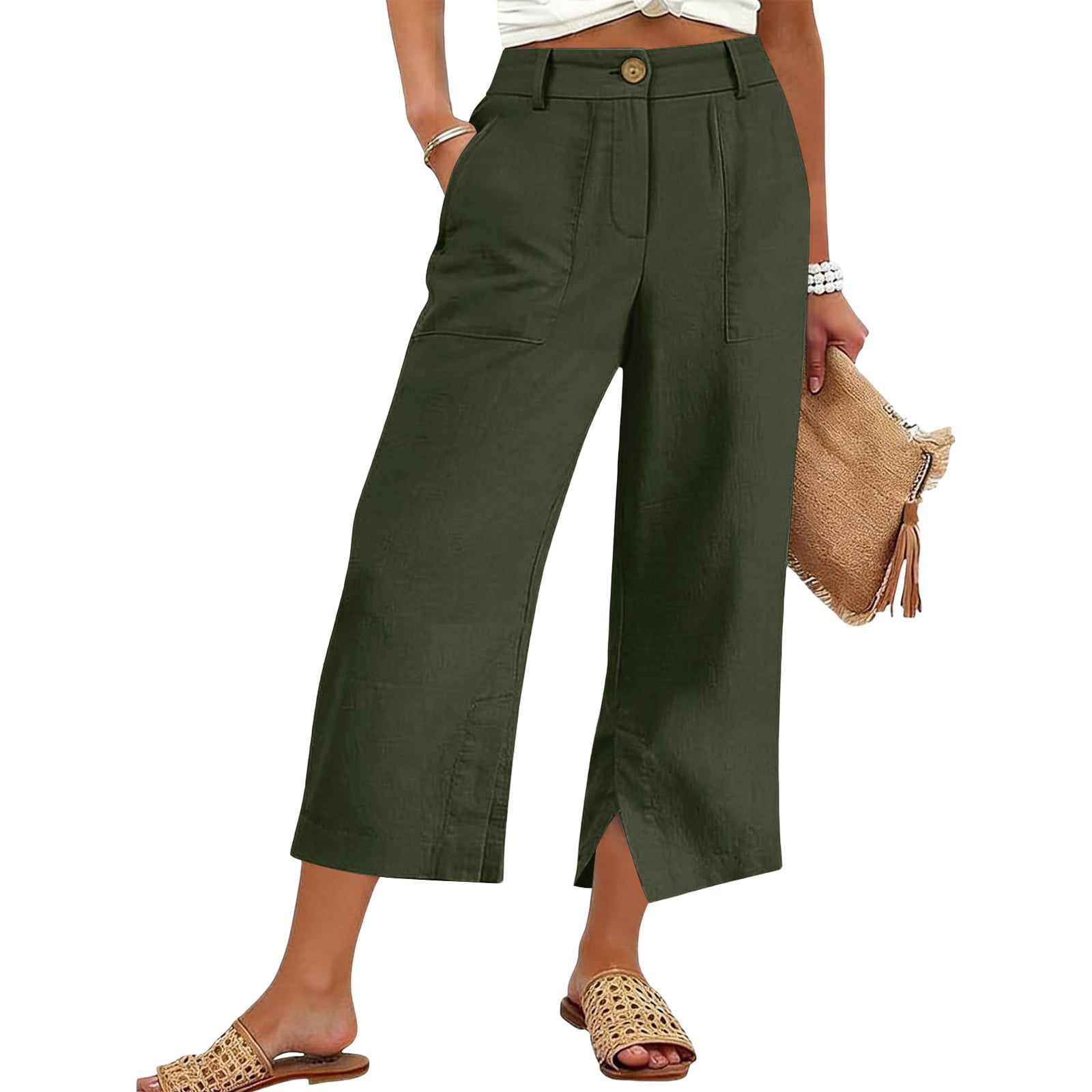 Capris Pants for Women Linen Straight Leg Elastic Waist Cropped Pants ...