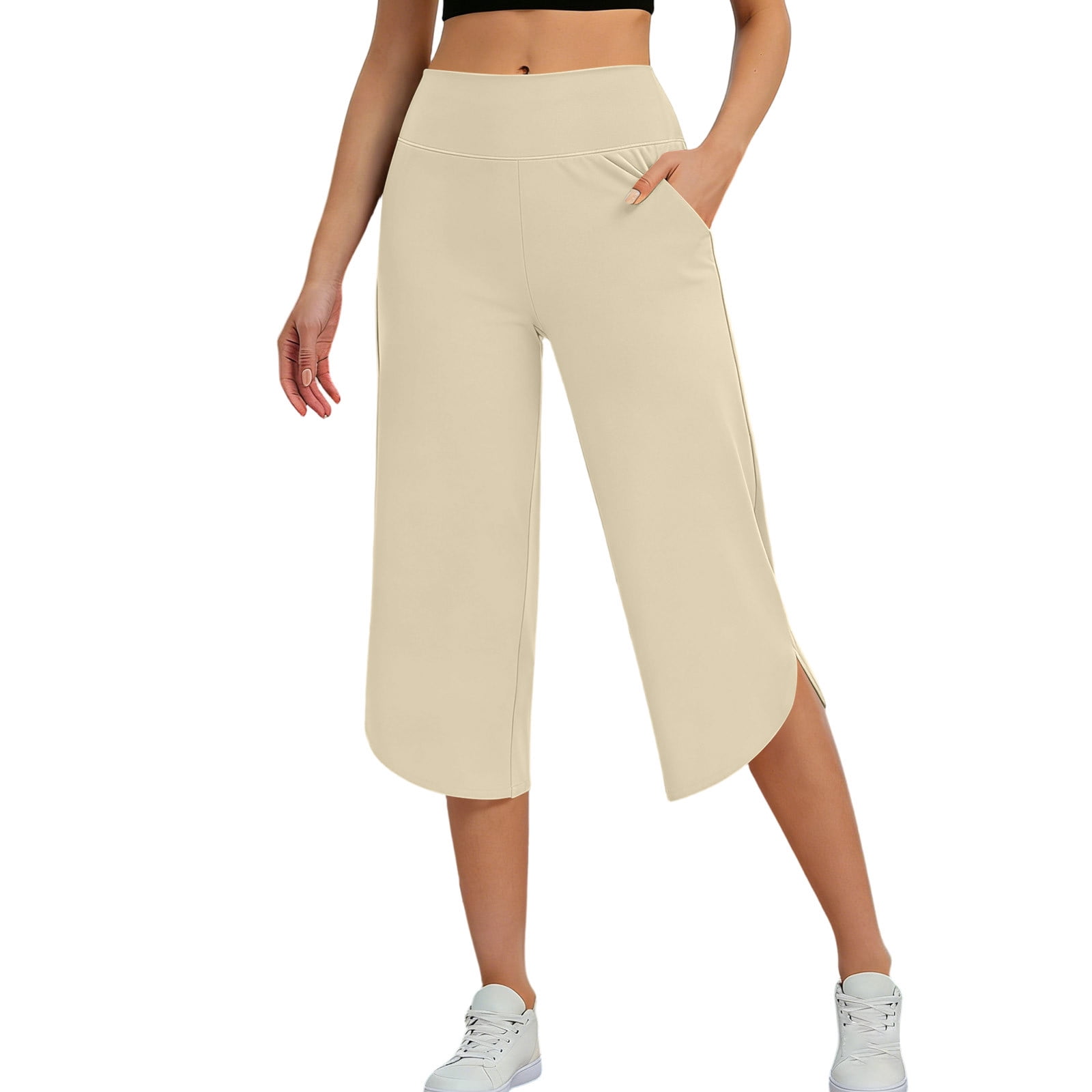 Capris Pants for Women Loose Elastic Waist Solid Color Yoga Pants Side ...