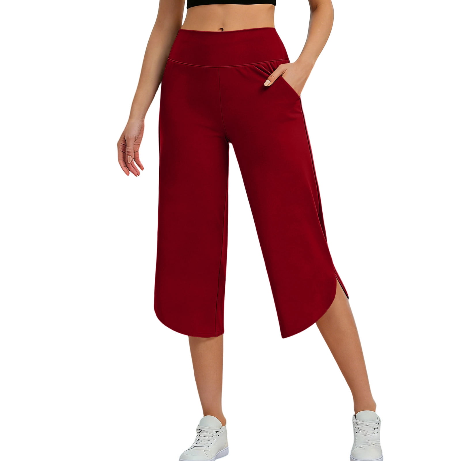 Capris Pants for Women Loose Elastic Waist Solid Color Yoga Pants Side ...