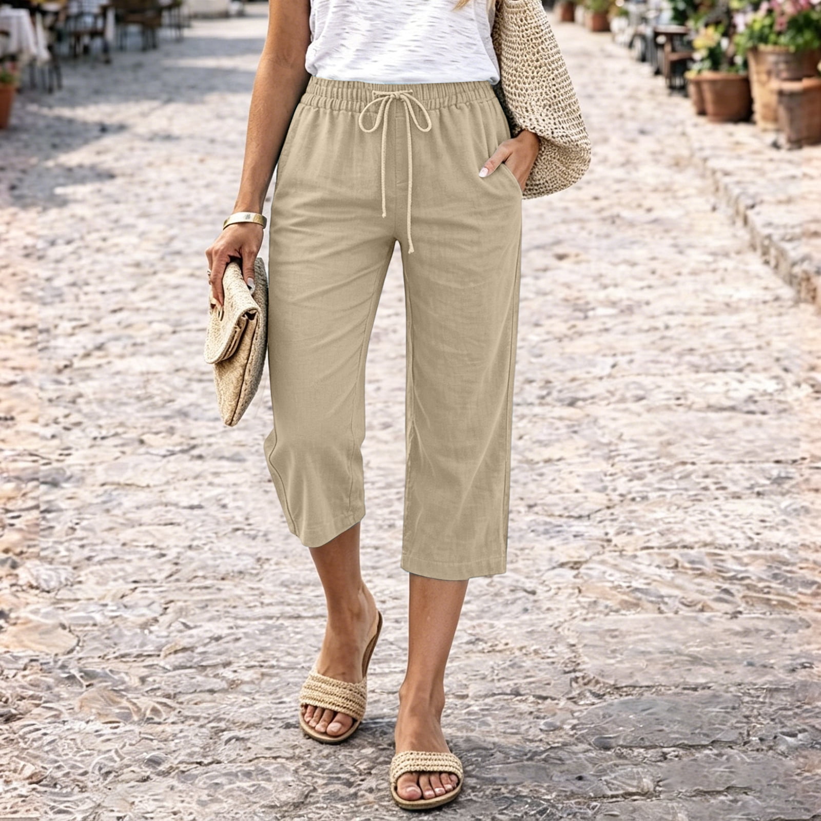 Capris Pants for Women Pull On Cotton Linen Casual Summer Straight Wide ...
