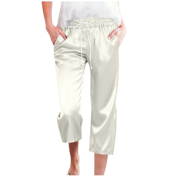 Capris Pants for Women Satin Casual Summer Straight Leg Loose ...