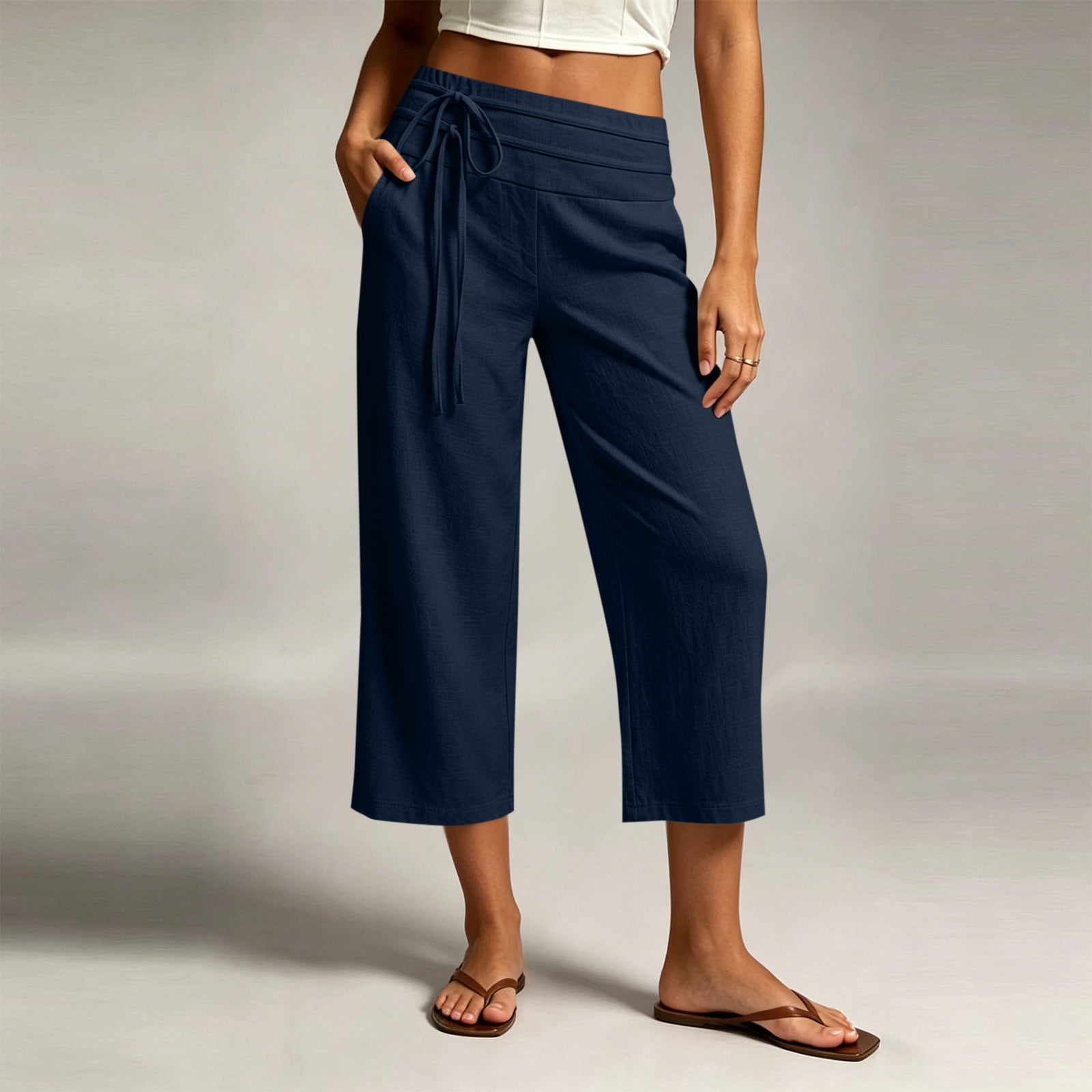 Capris for Women Fashion Solid Color Faux Linen Decorative Tie Elastic ...