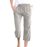 Capris Womens Cotton Linen Knee Length Elastic Waist Drawstring Bermuda ...