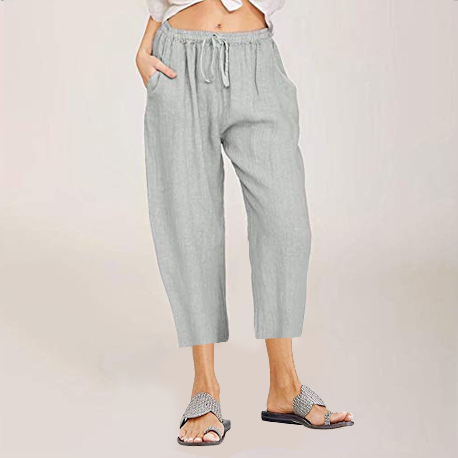 Capris for Women Casual Summer Solid Tie Front with Pocket Capris Soft ...