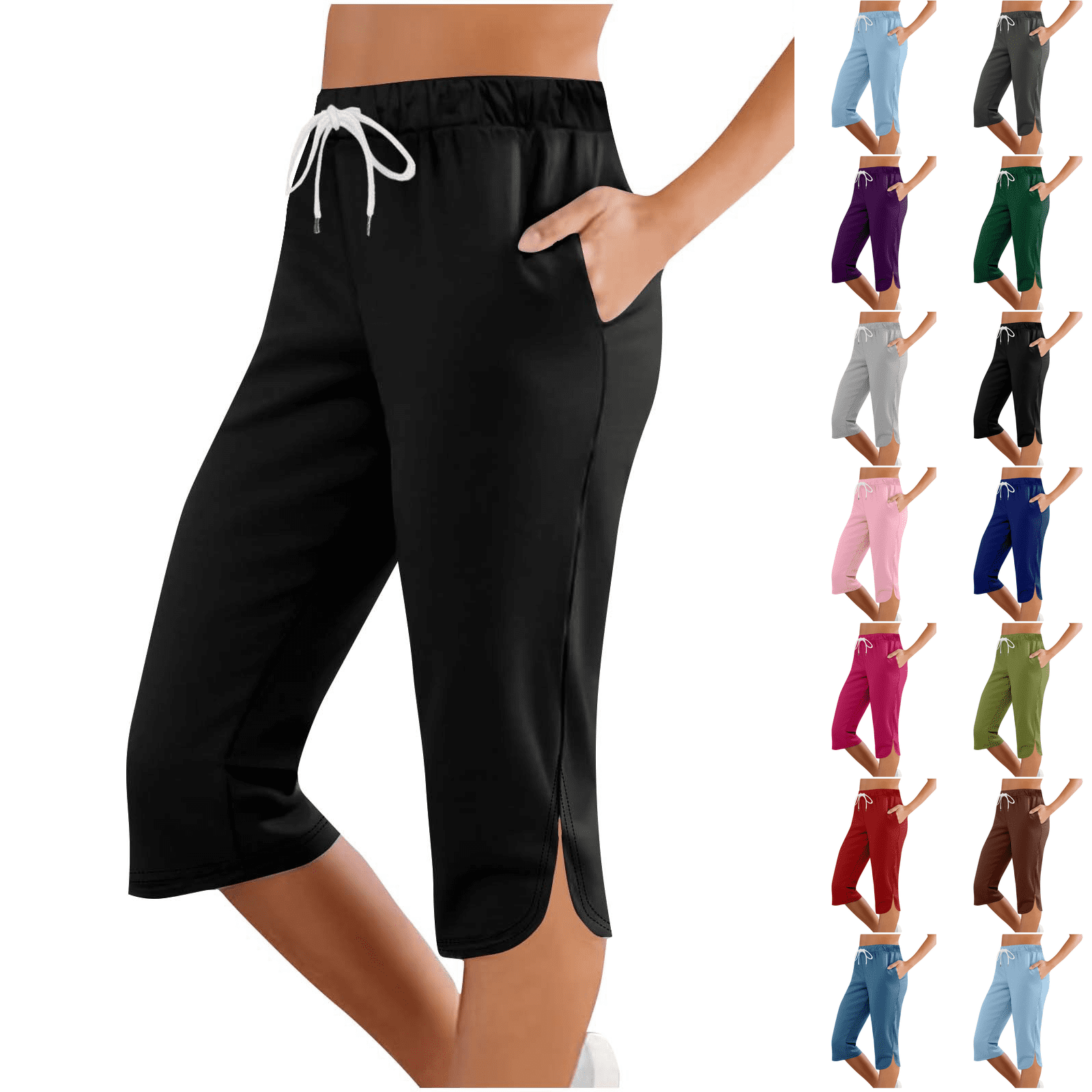Capris for Women Casual Summer Wide Leg Crop Pants Petite Pull On Loose ...