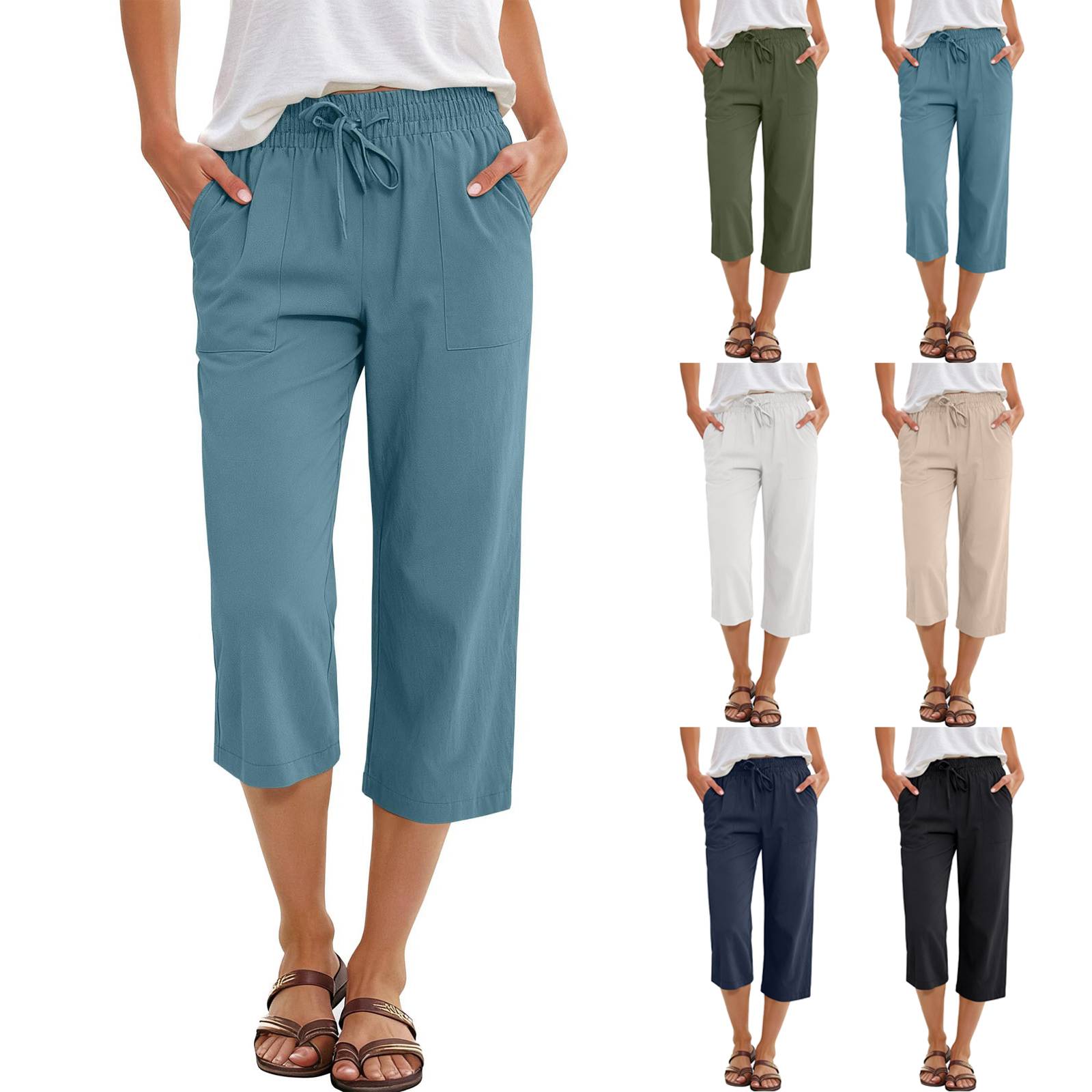 Capris for Women Elastic Waist Cropped Trousers Loose Casual ...