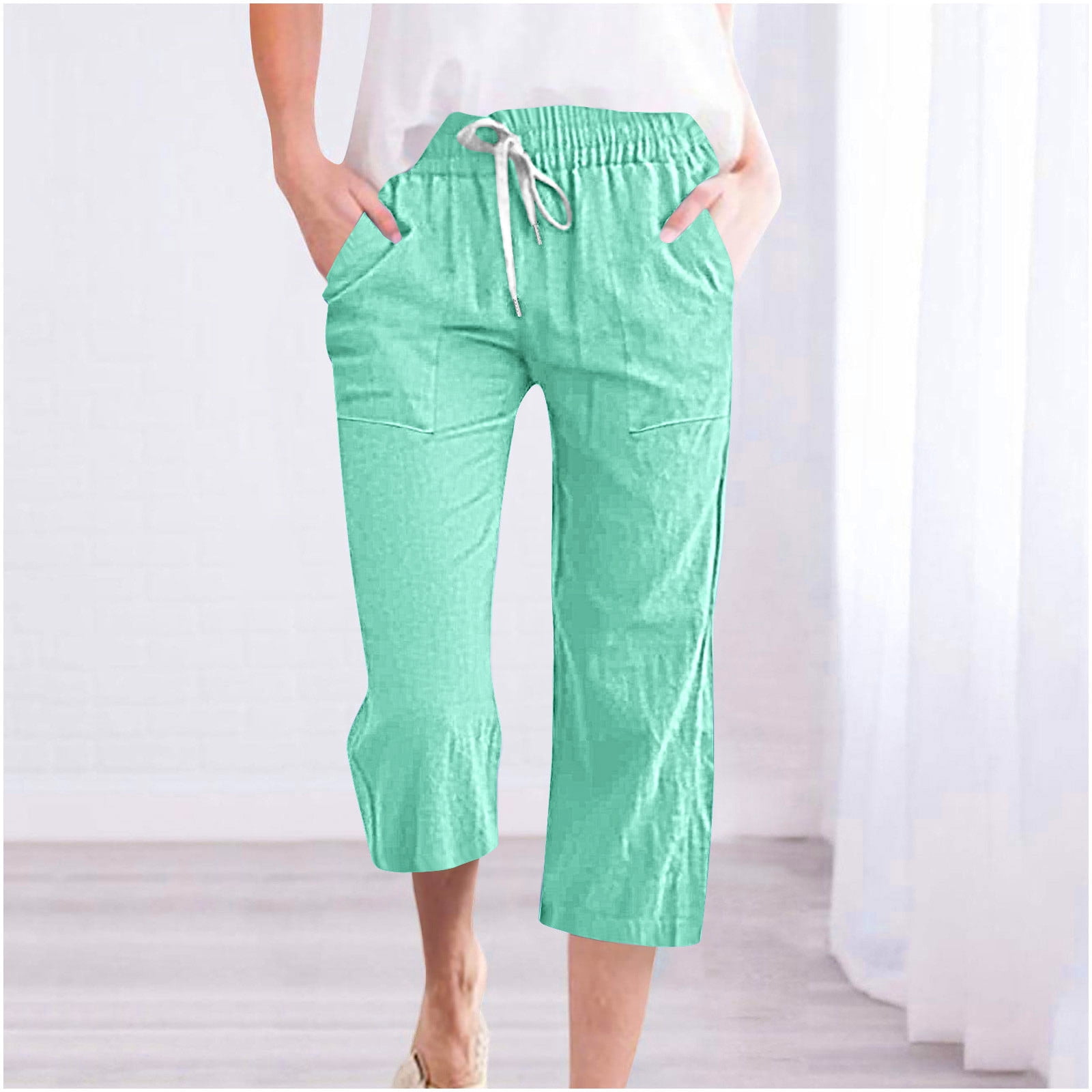 Capris for Women Loose Summer Solid Tie Front with Pocket Full Length ...