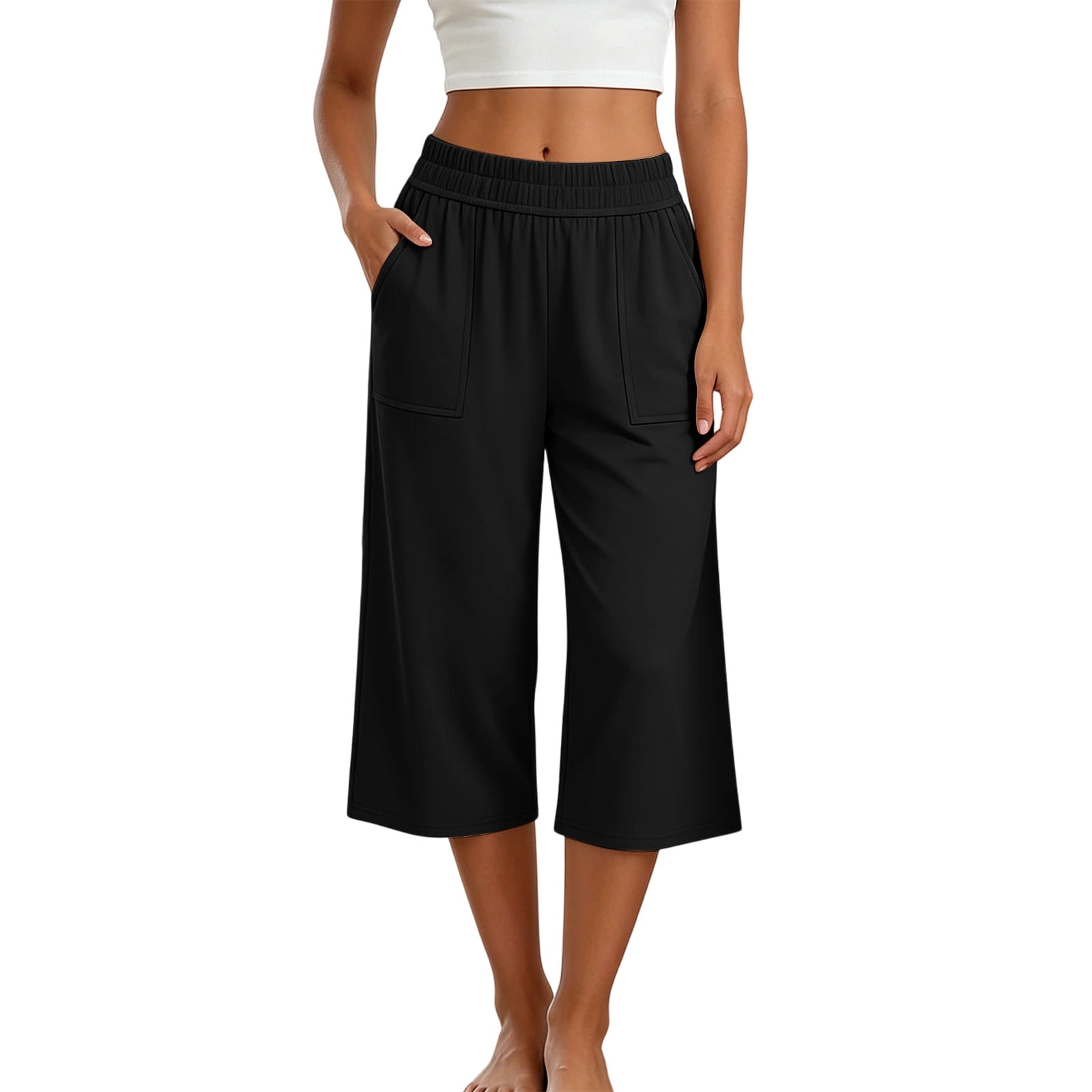 Capris for Women Straight Leg Summer Cropped Pants Loose Elastic Waist ...