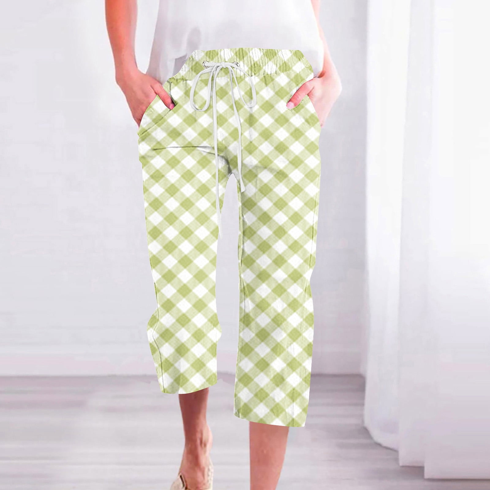 Capris for Women Trendy Summer Plaid Tie Front with Pocket Capris ...