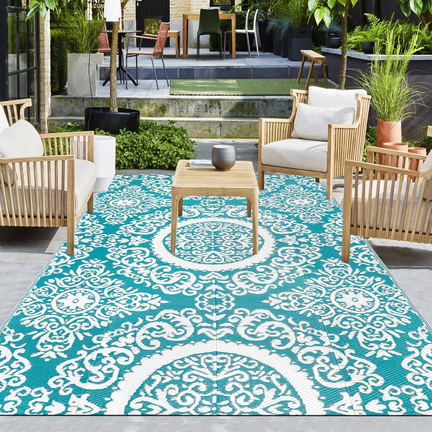 Capslpad Outdoor Patio Rug 5'x8' Boho Floral Plastic Straw Rug ...