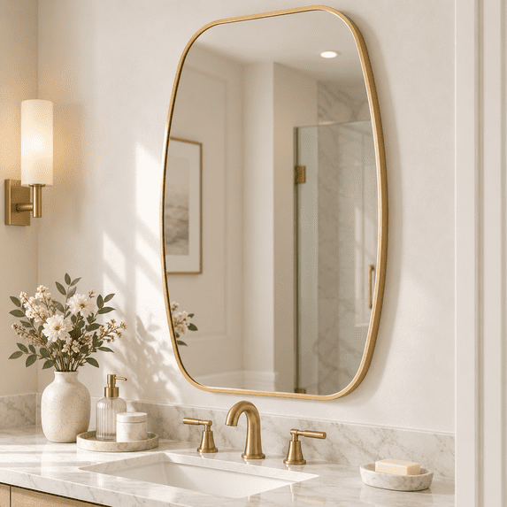Capsule Bathroom Mirror, Brushed Gold Aluminum Frame Tempered Glass ...