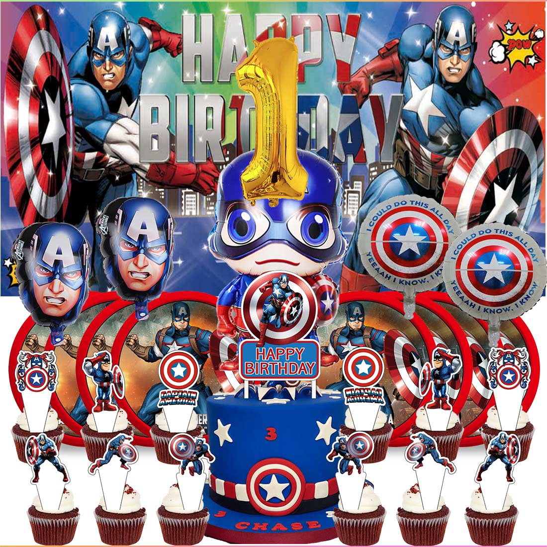 Captain America 1st Tableware Balloons Cake Toppers Backdrop Banner ...