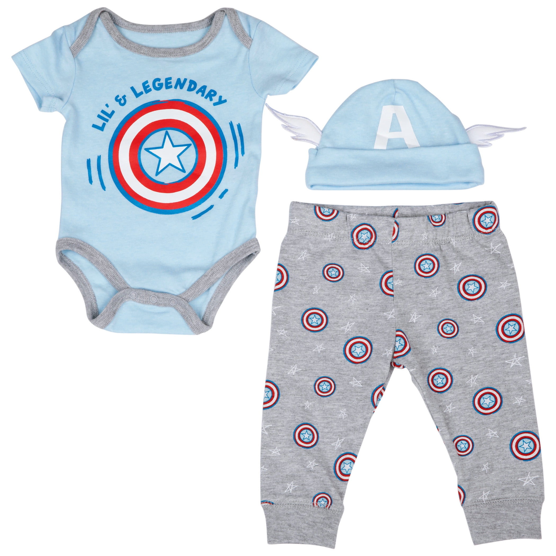 Marvel Baby Boys' Captain America Bodysuit, Pants, and Hat Layette Set ...