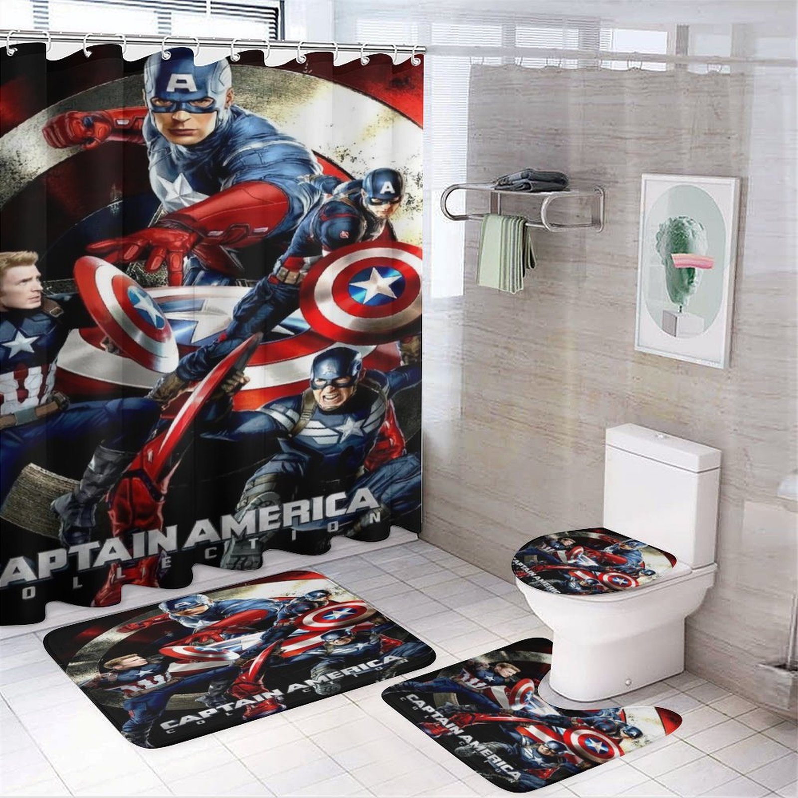 Captain America Bathroom Set 4pcs with Shower Curtain with Non-Slip ...