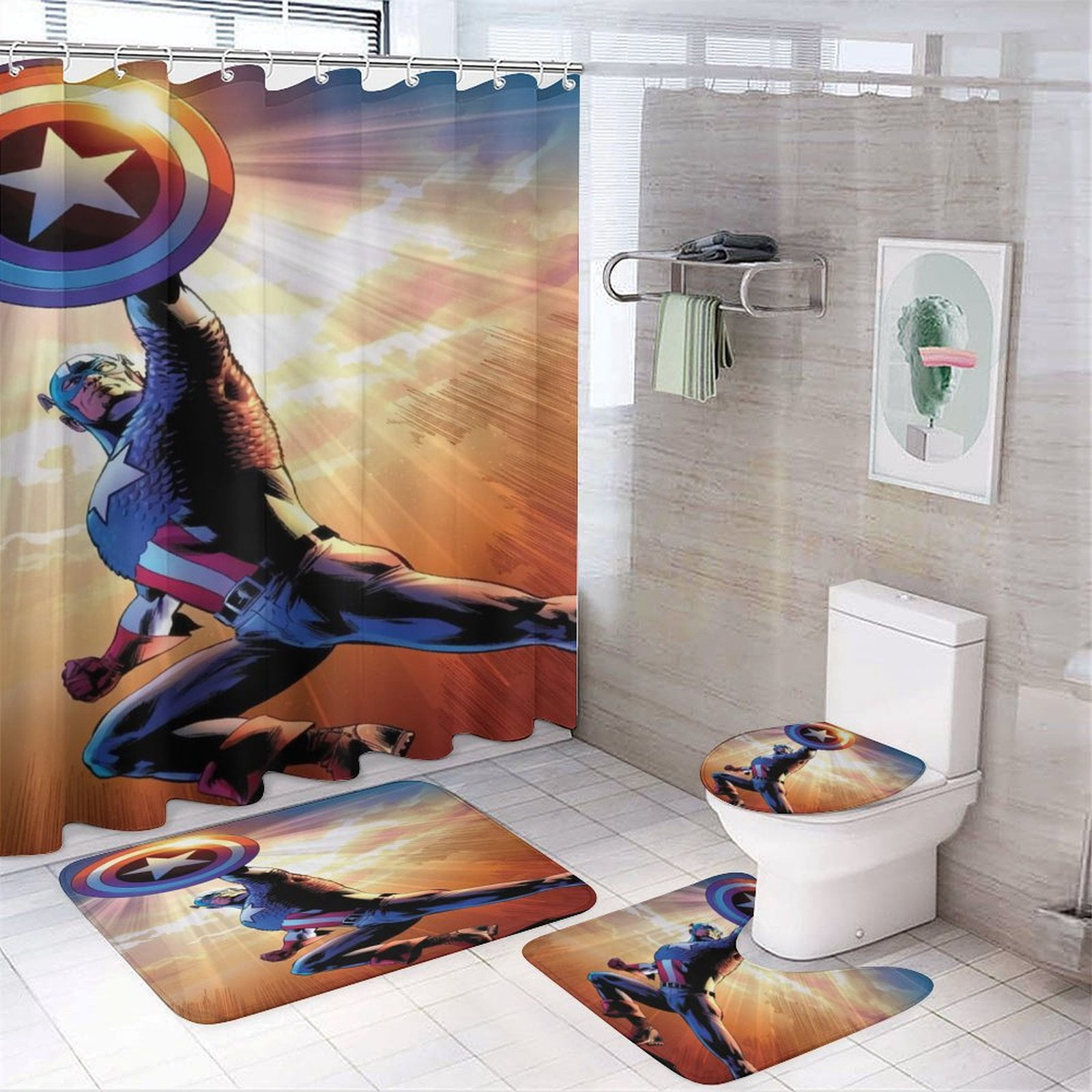 Captain America Bathroom Set 4pcs with Shower Curtain with Non-Slip ...