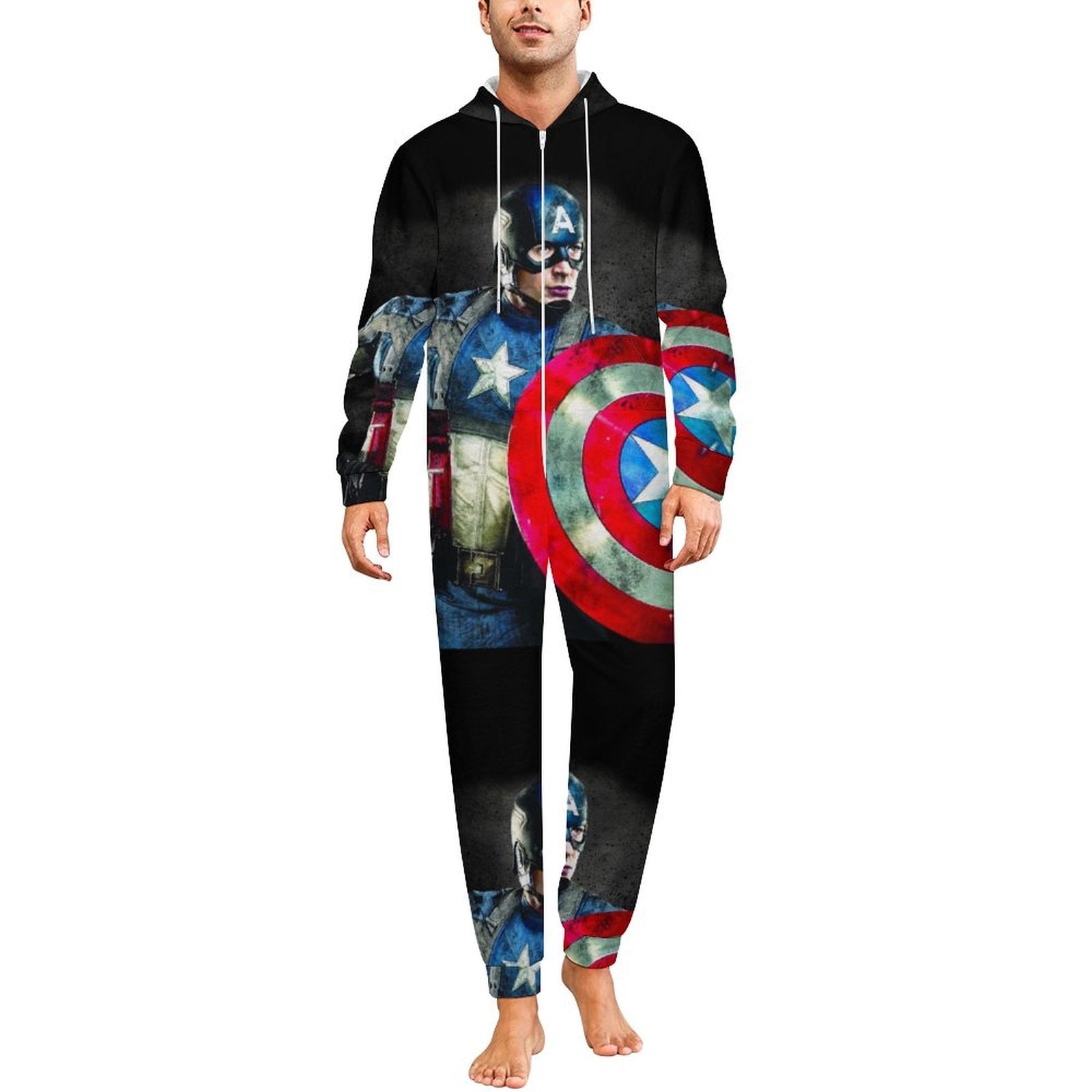 Captain America Jumpsuit for Men Women Hooded Flannel Onesie Rompers ...