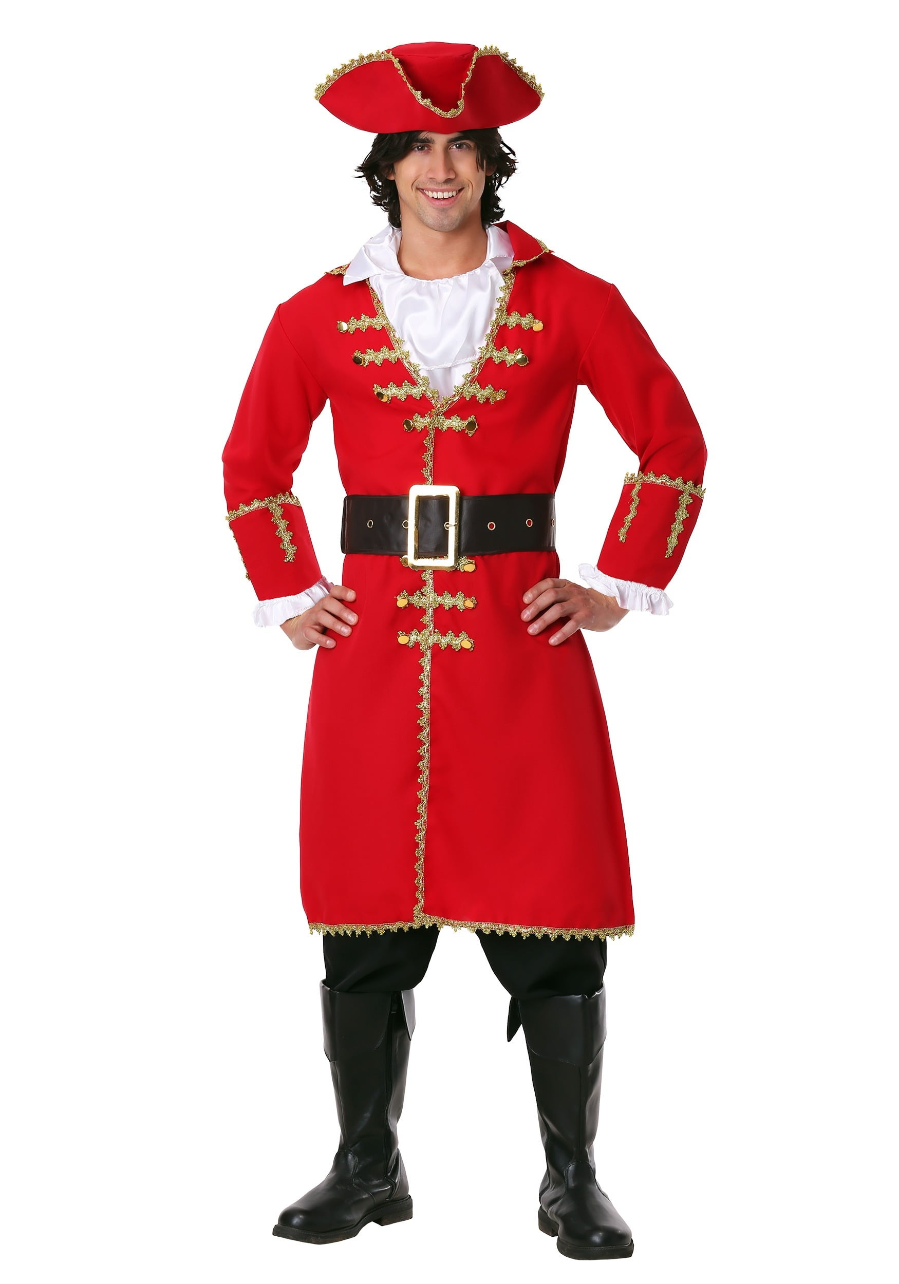 Captain Blackheart Pirate Costume - Red Overcoat, Tricorn Hat, Faux ...
