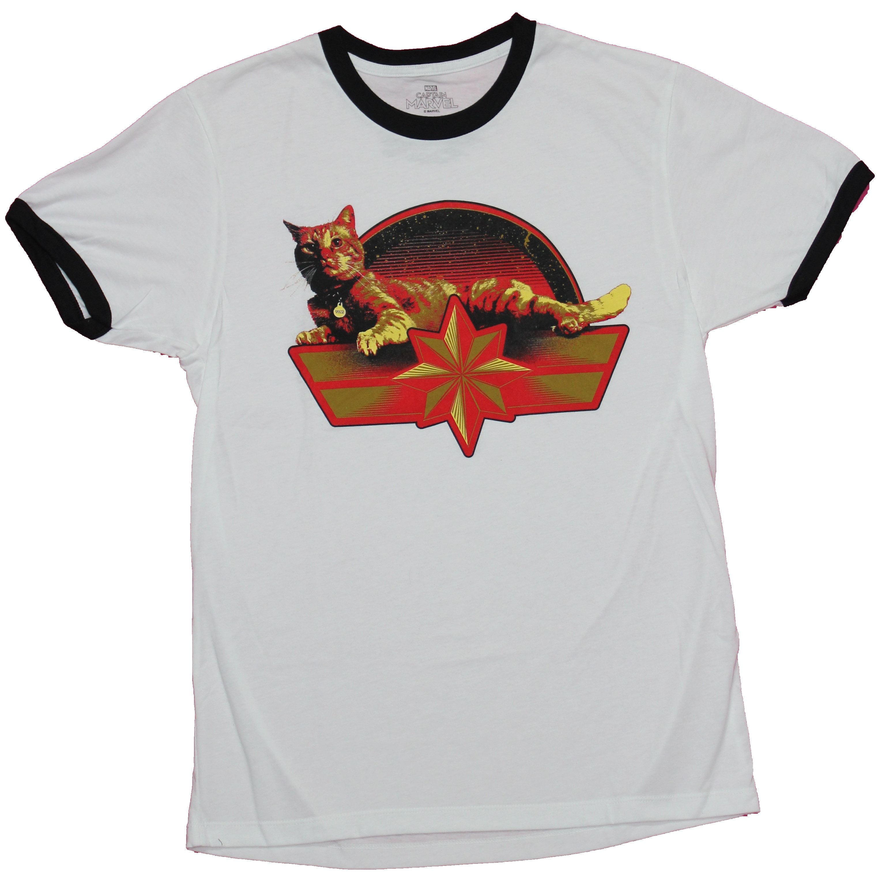 Captain Marvel Mens Ringer T-Shirt - Goose Powered Cat Laid Out (Small ...