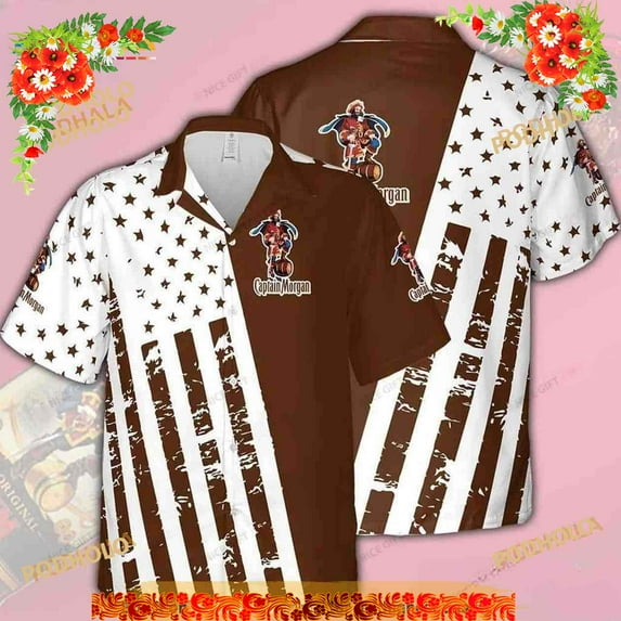 Captain Morgan Hawaiian Shirt, Brown Star And Lines Gift For Beach Trip ...