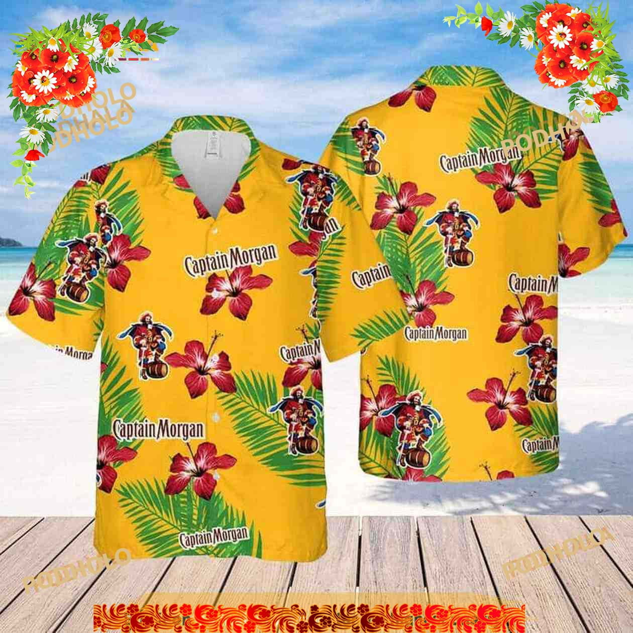 Captain Morgan Hawaiian Shirt, Hibiscus Flower Palm Leaves Beach Lovers ...