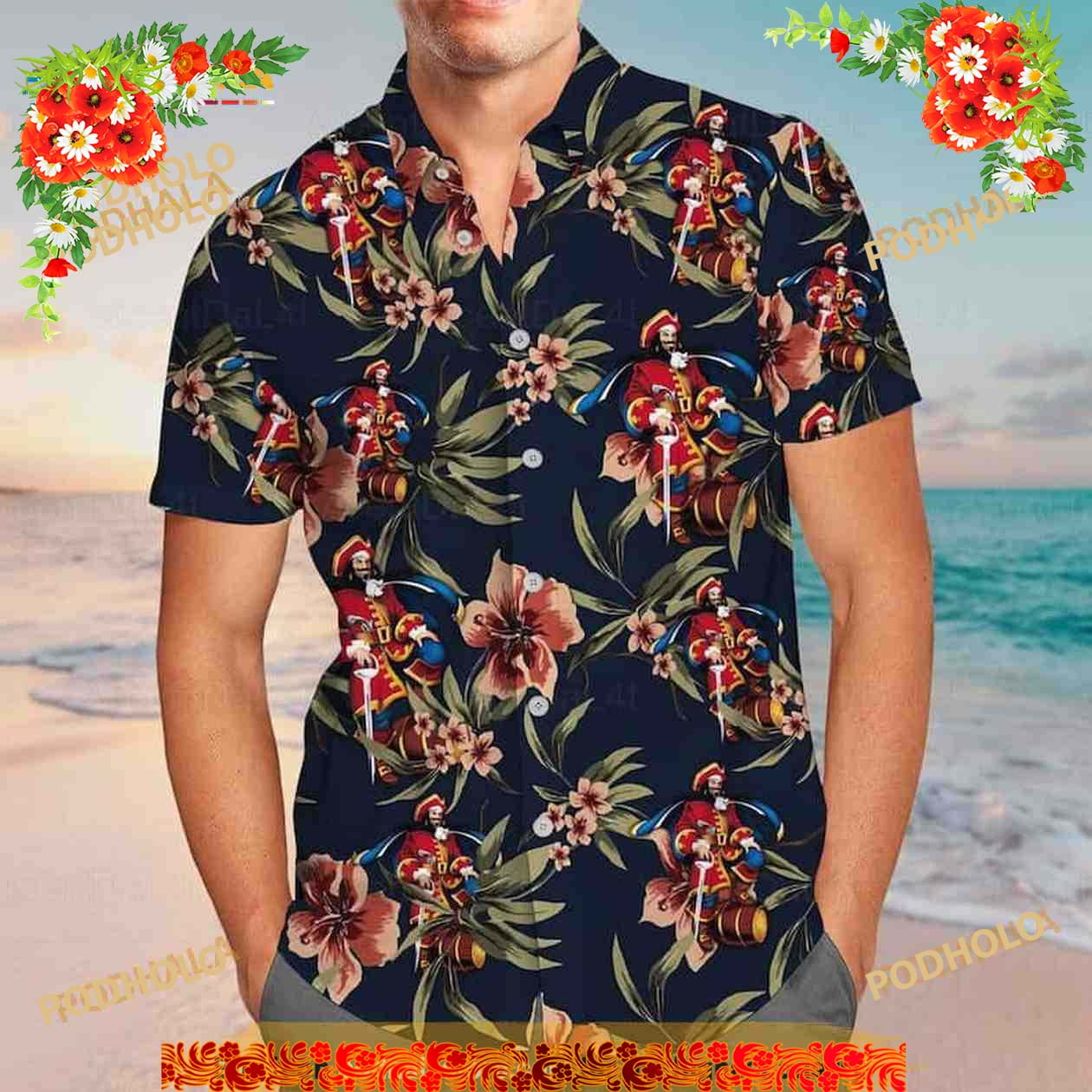 Captain Morgan Hawaiian Shirt, Hibiscus Flower Pattern Best Beach Gift ...