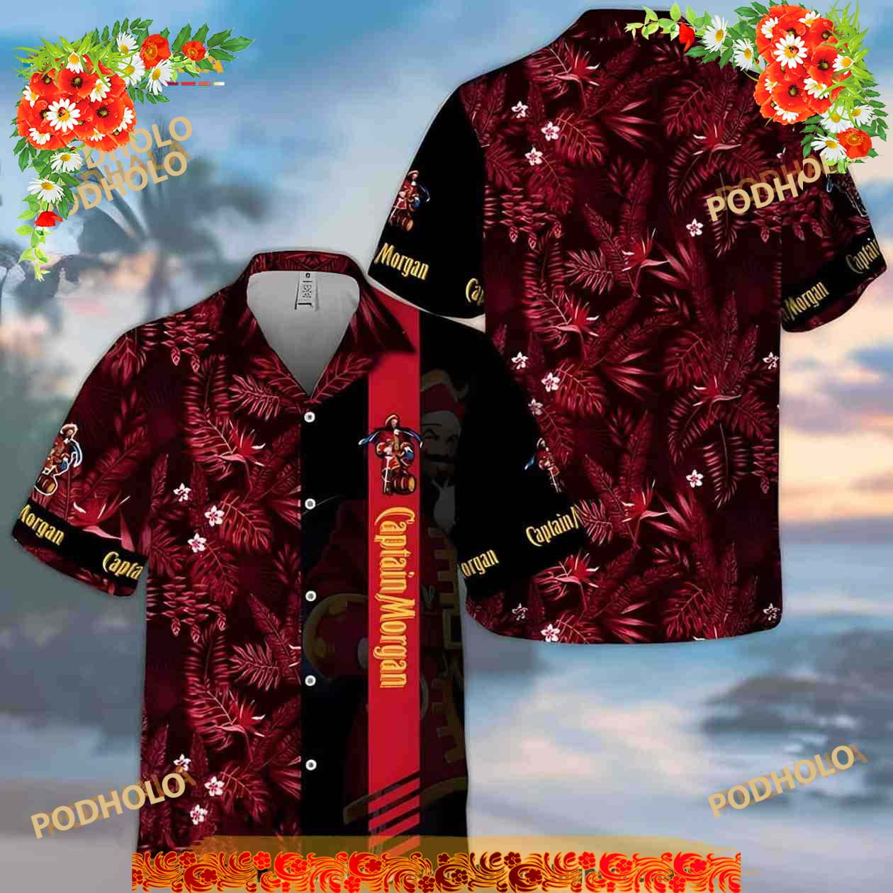 Captain Morgan Hawaiian Shirt, Tropical Foliage Pattern, Captain Morgan ...