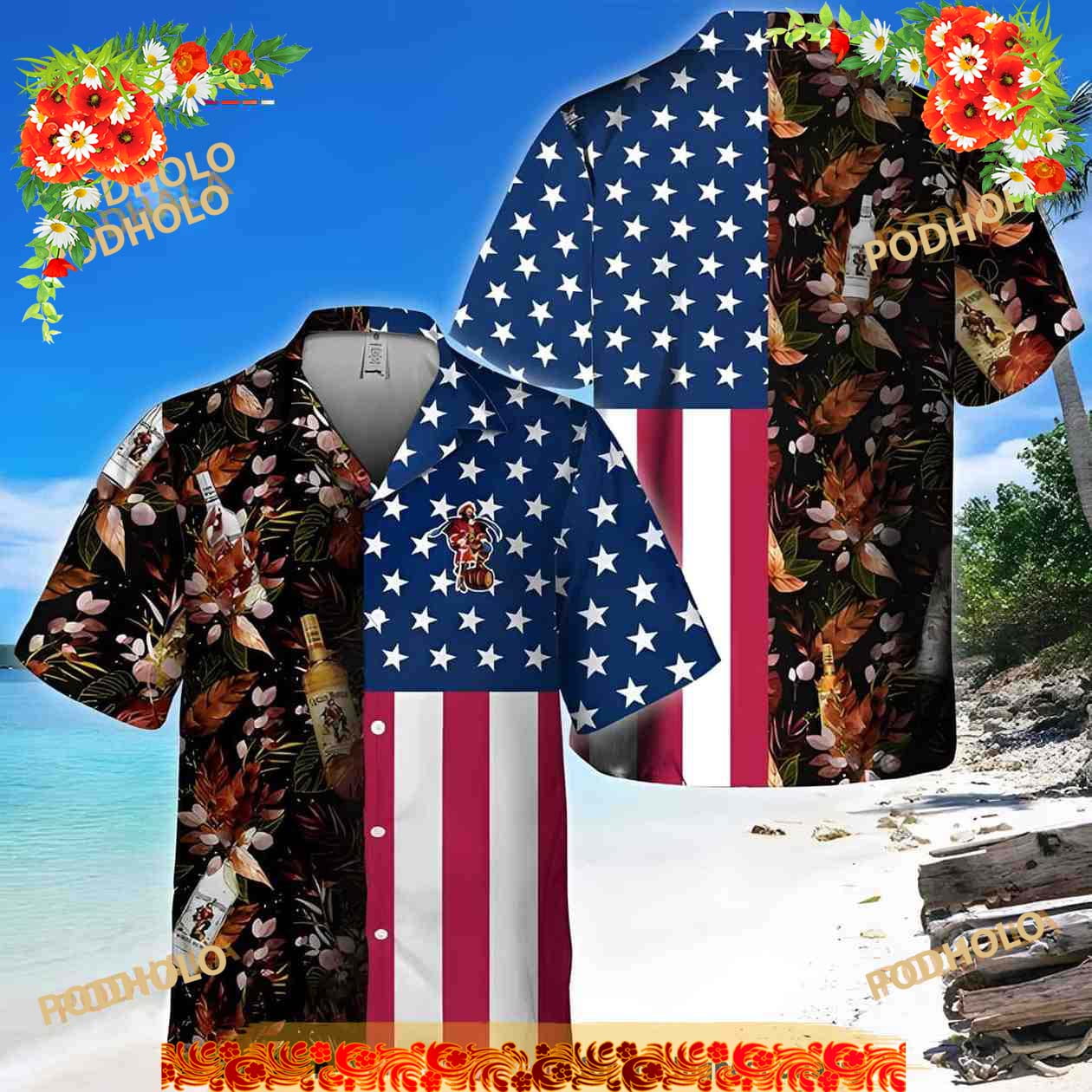 Captain Morgan Hawaiian Shirt, US Flag Tropical Flowers All Over Print ...