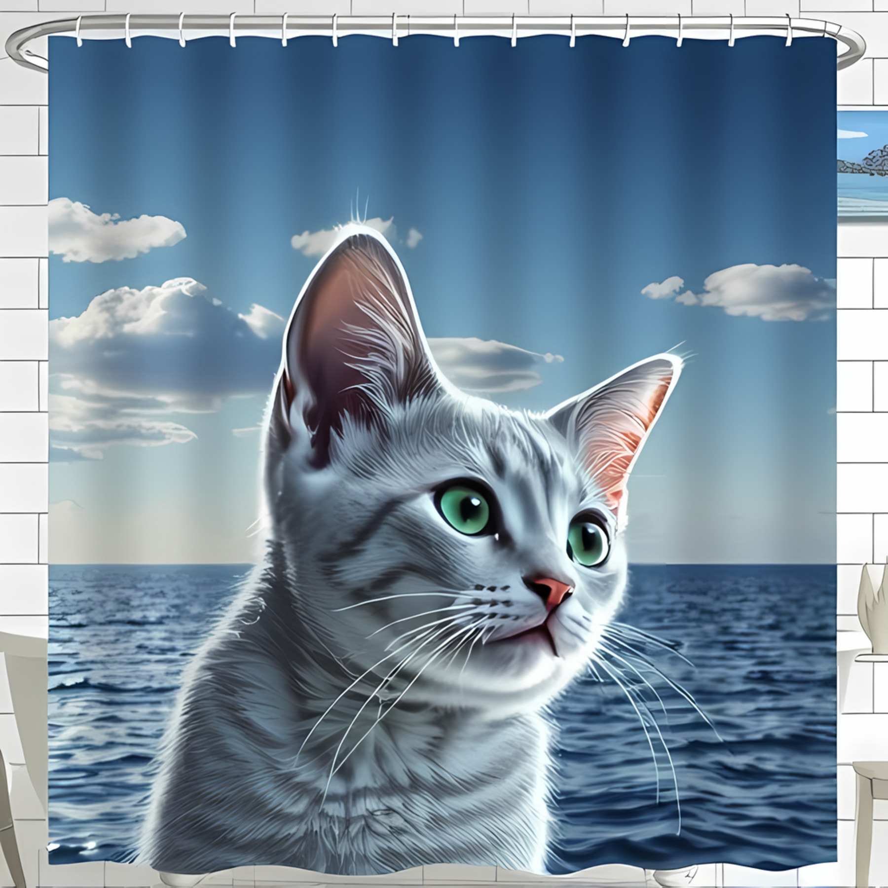 Captivating Grey with Green Eyes Shower Curtain - Serene Ocean Scene ...