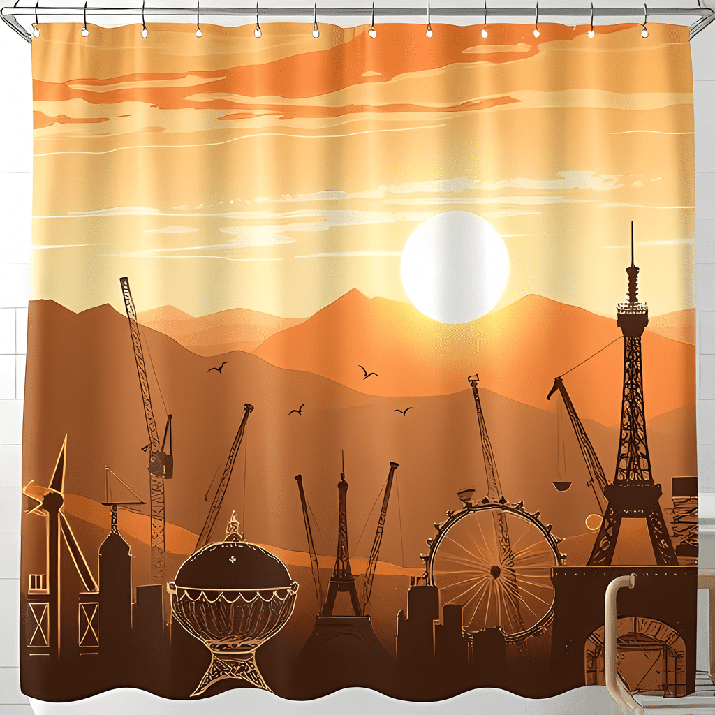 Captivating Sunset Shower Curtain with Iconic Landmarks & Silhouettes ...