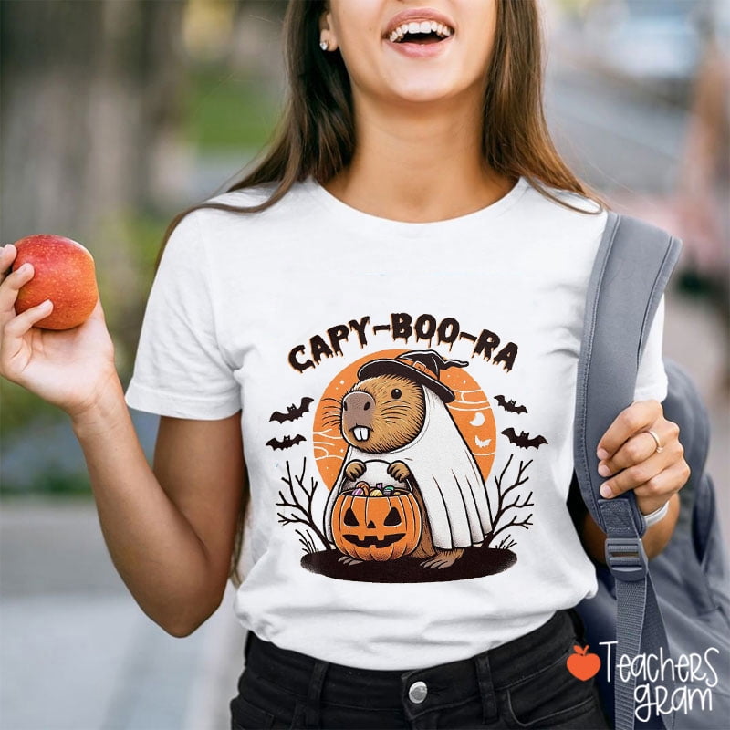 Capy Boo Ra Halloween Graphic T-Shirt, Cute Capybara Ghost Tee for ...