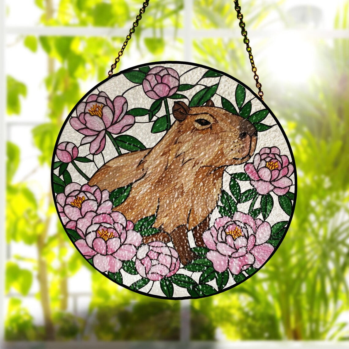 Capybara And Peony Flower GLASS Suncatcher, Floral Window Decor ...