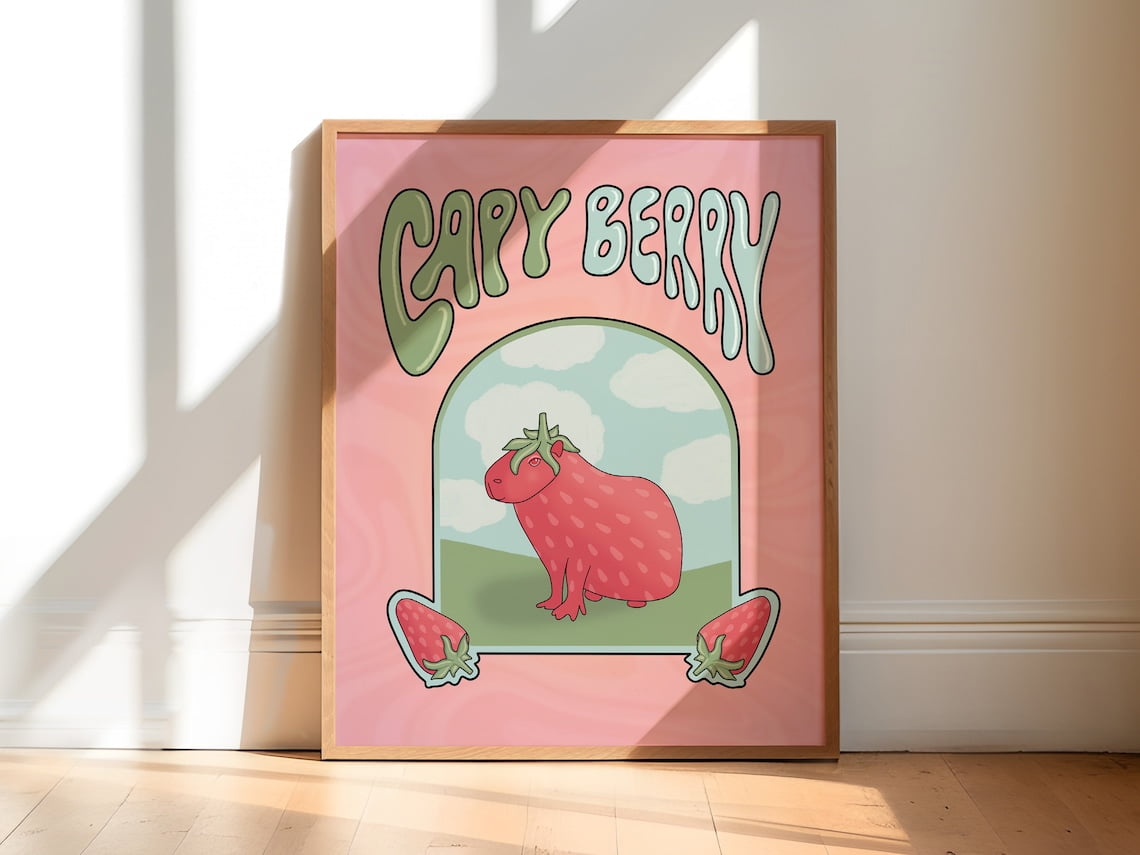 Capybara Art Print, Strawberry Wall Art, Y2K Print, Indie Prints, College Apartment Decor ...