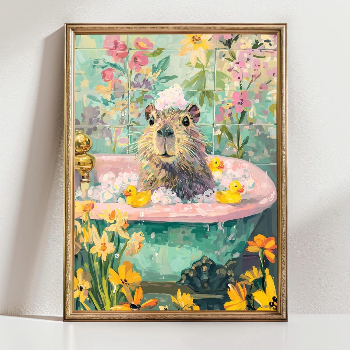 Capybara Bath Art Whimsical Capybara in Bubble Bath Floral Bathroom ...