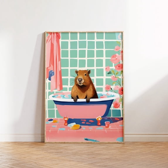 Capybara Bath Cute Bathroom Wall Art, Unframed Paper Print Size 16x24 ...