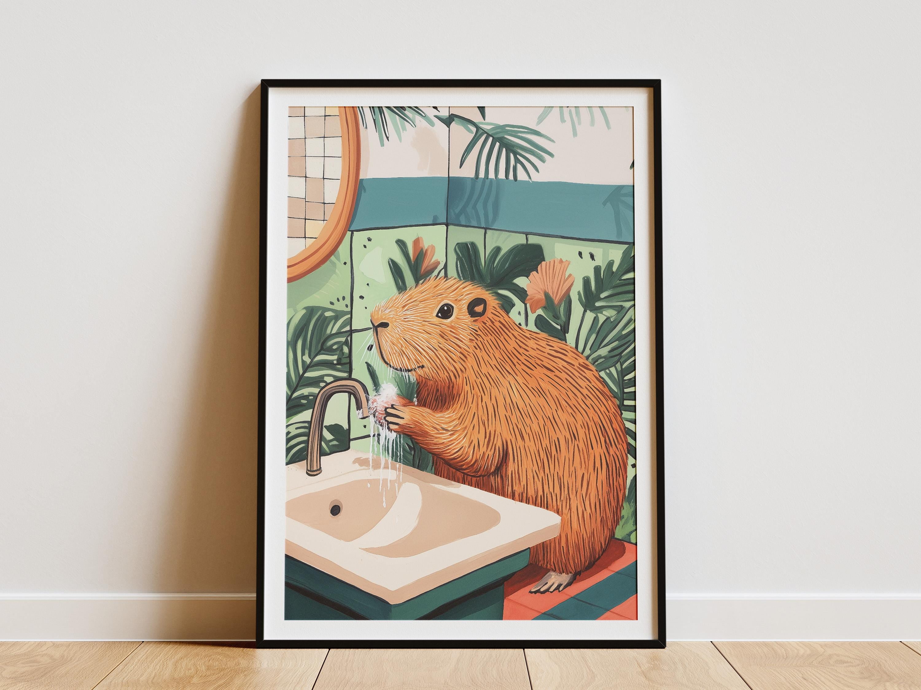 Capybara Bathroom Art Print Hand Washing Poster Funny Animal Wall Art ...