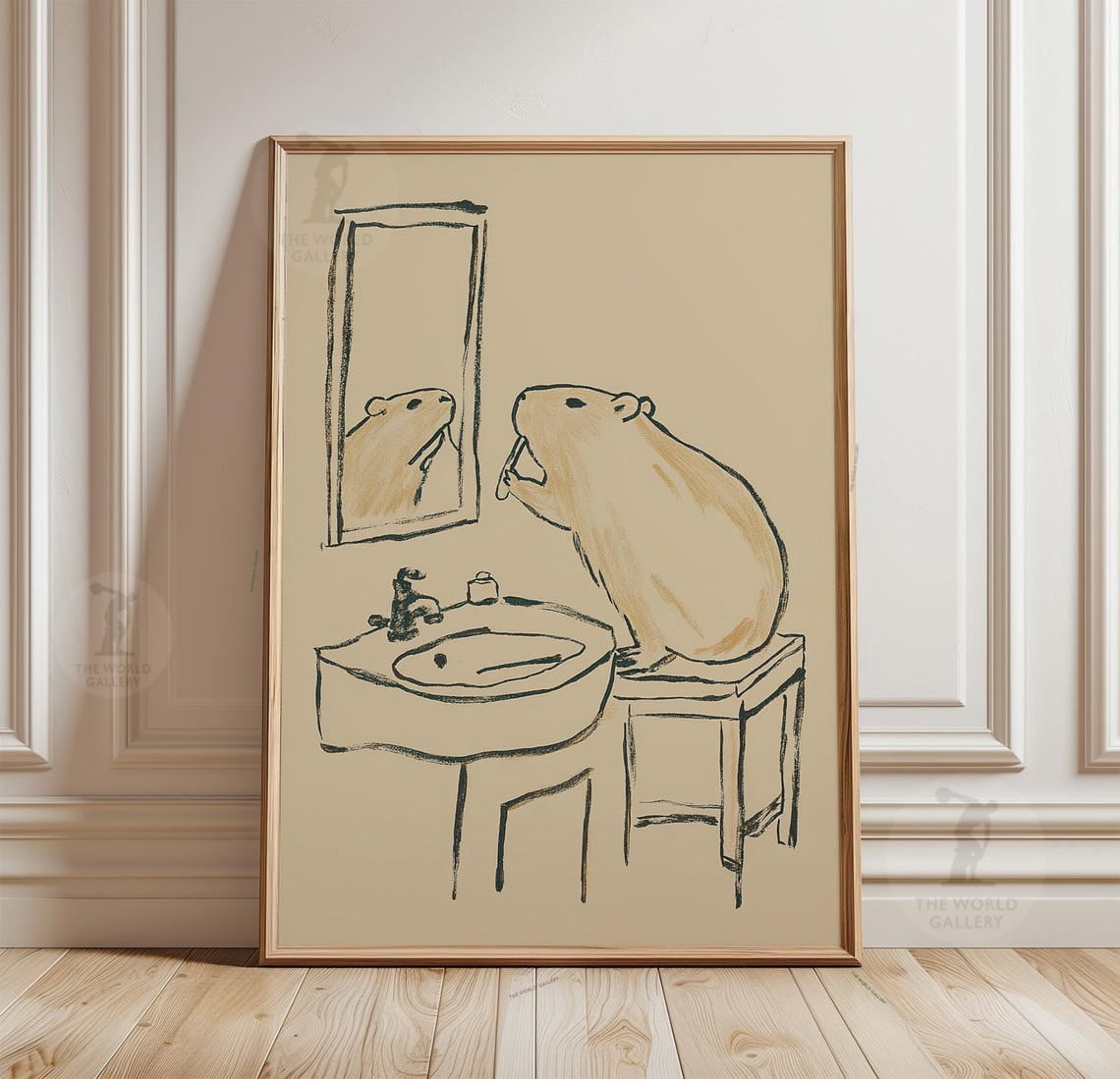 Capybara Bathroom Poster Minimal Line Animal Tooth Brushing Scene ...