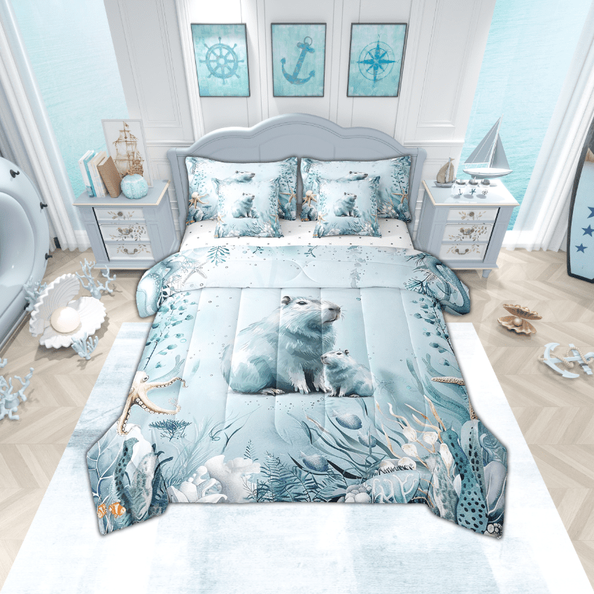 Capybara Bed in a Bag Queen Comforter Set 7 Piece,Teal Blue Ocean Beach ...
