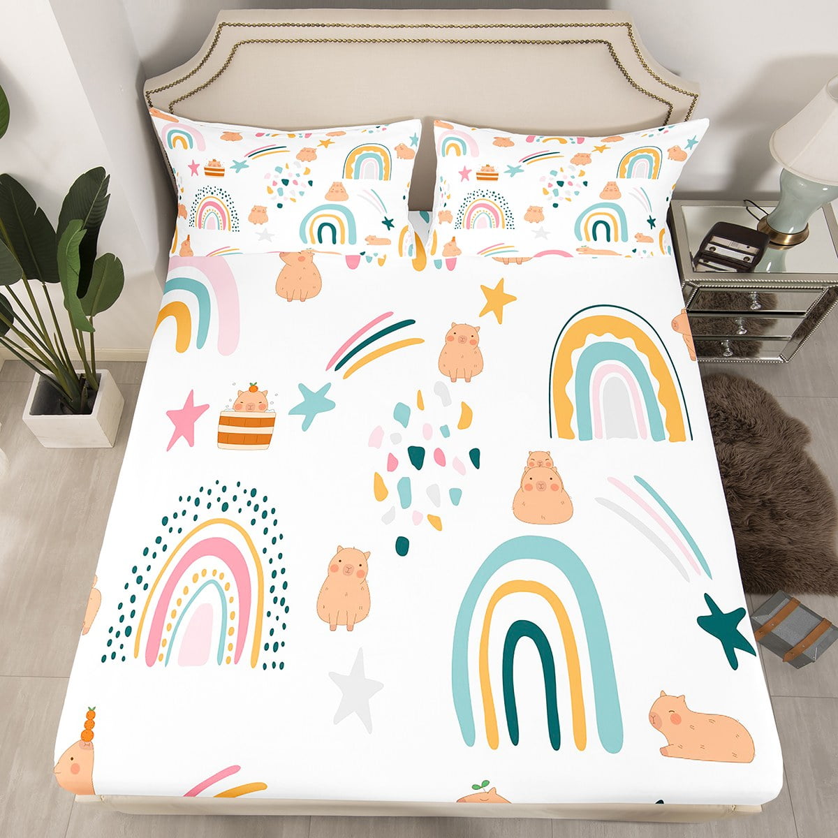 Capybara Bed Sheets 3Pcs, Rainbow Queen Bedding Sets For Girls ...