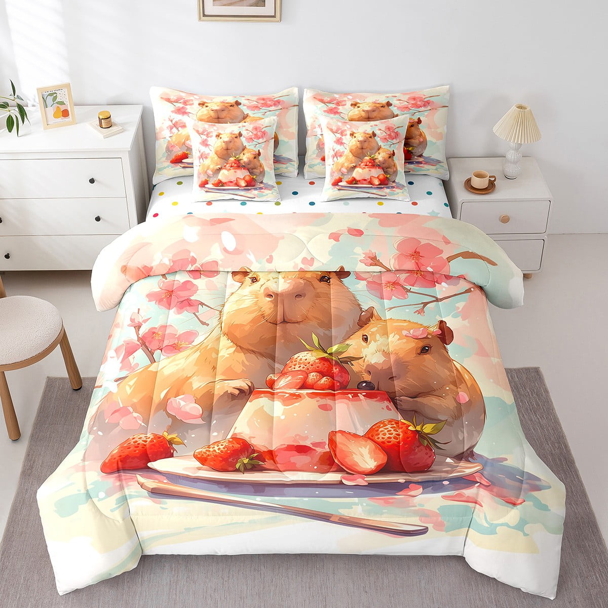 Capybara Bedding Set Pink Floral Print Comforter 7 Pieces,Girls Boys ...