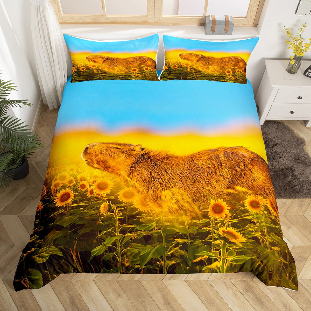 Capybara Bedding Set Rustic Farmhouse Sunflowers Duvet Cover Full Size ...