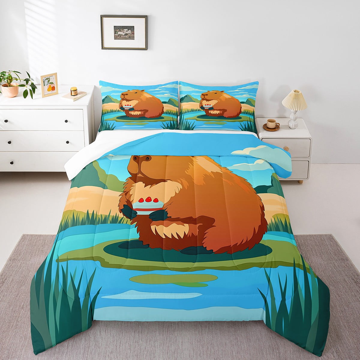Capybara Bedding Sets Cute Animals Lovers Comforter Sets Cute Cake Down ...