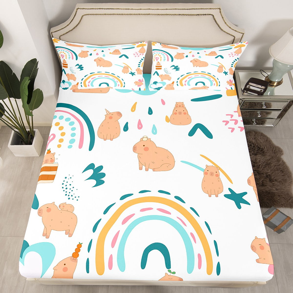 Capybara Bedroom Bed Sheets, Rainbow Bedding Set Kawaii Decor, Kawaii ...