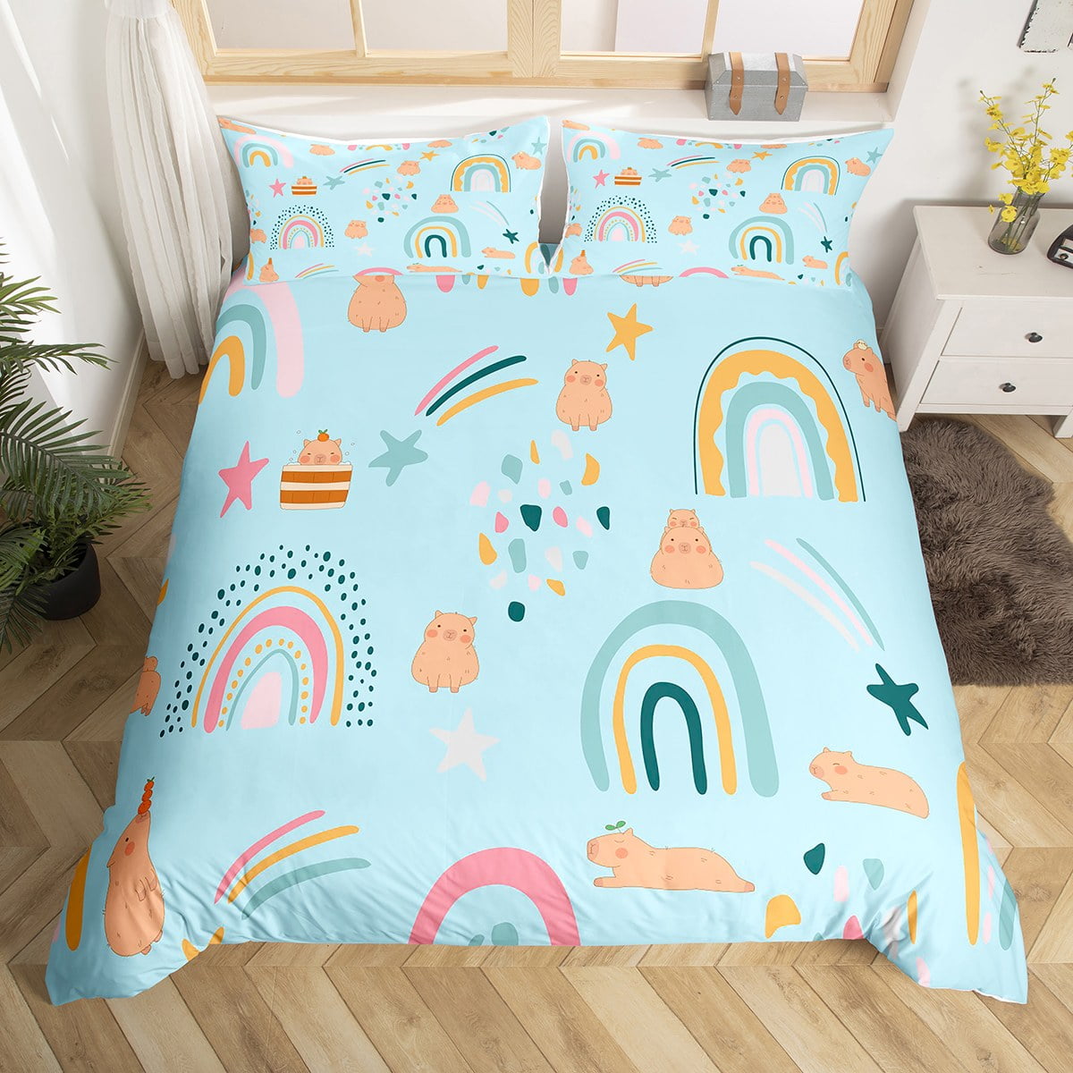 Capybara Bedroom Bedding Set, Girly Rainbow Duvet Cover King Size ...