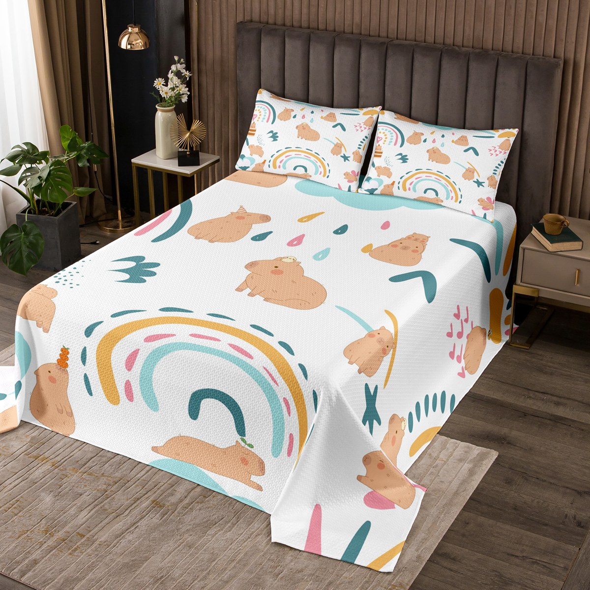Capybara Bedroom Bedspread Set, Rainbow Coverlet Set Kawaii Decor ...