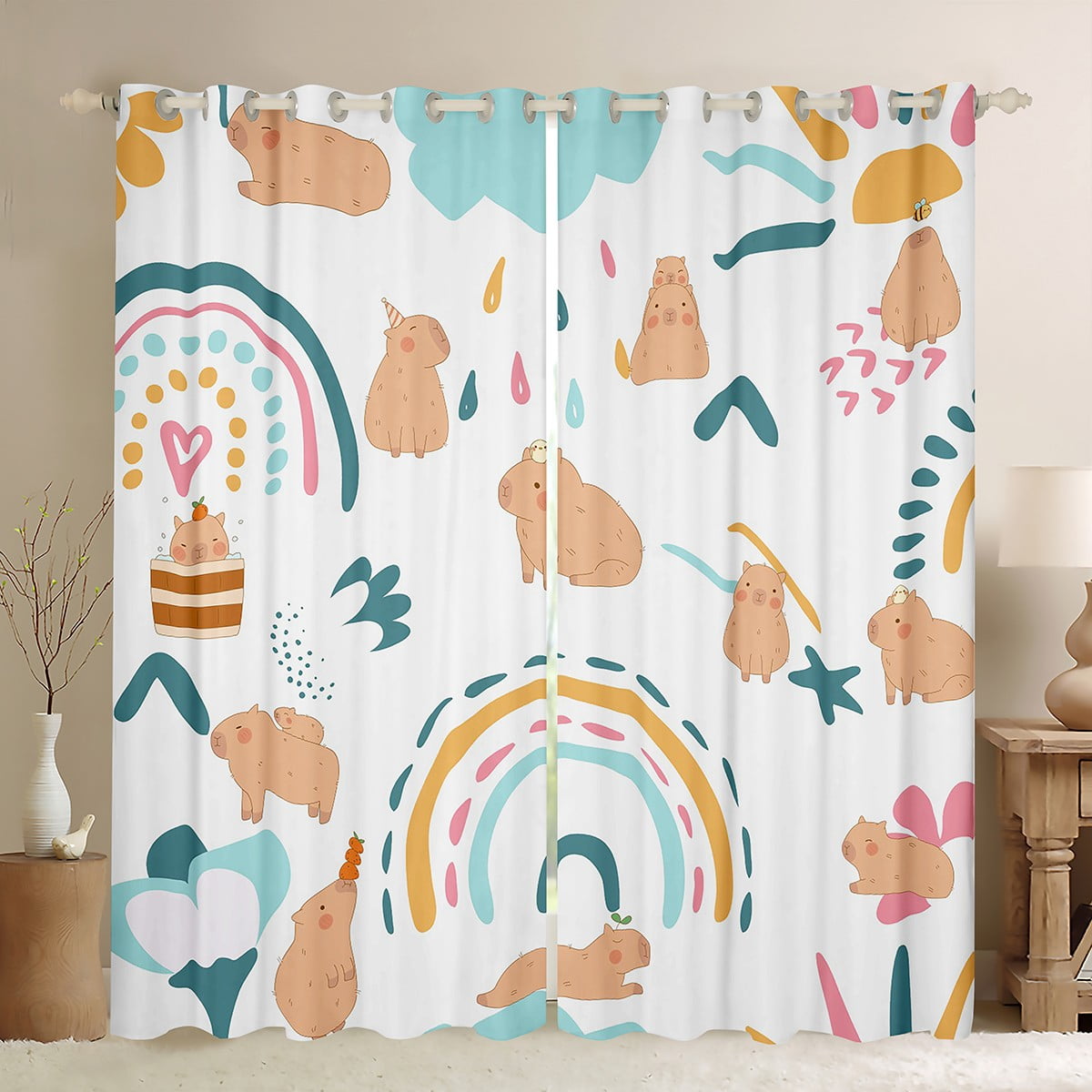 Capybara Bedroom Blackout Curtains, Rainbow Curtains & Drapes Kawaii ...