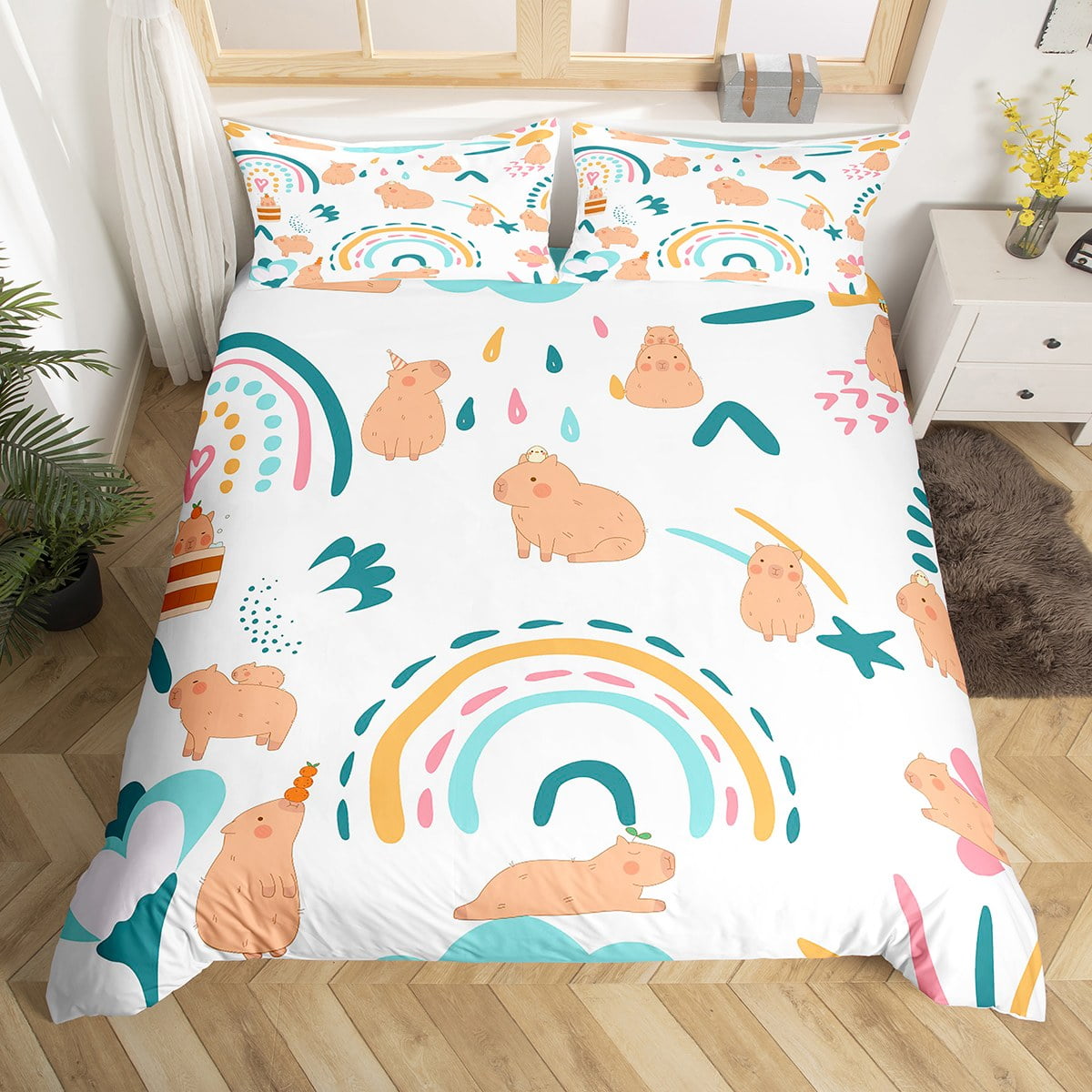 Capybara Bedroom Comforter Cover, Rainbow Bedding Set Kawaii Decor ...